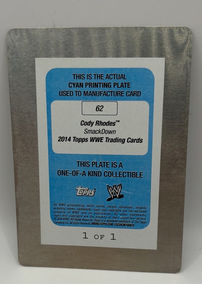 2014 Topps WWE Cody Rhodes Cyan Printing Plate 1/1 | eBay