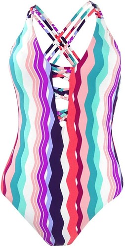 Bar III MULTI Waves Printed Strappy High Leg One-Piece Swimsuit, US X ...