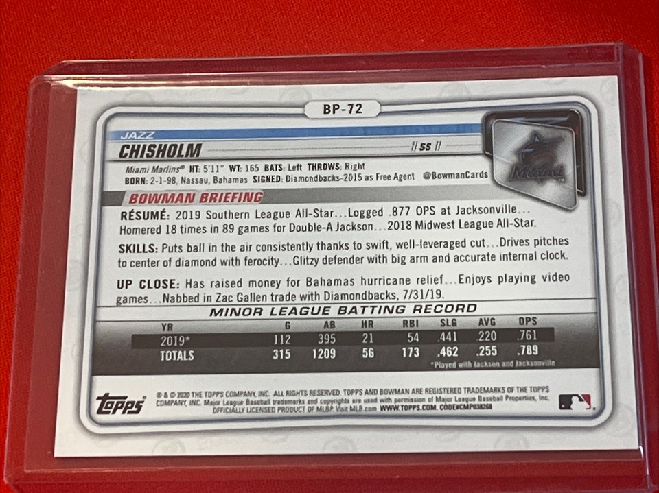 2020 Bowman Paper MLB Miami Marlins Jazz Chisholm Camo Parallel #BP-72 ...