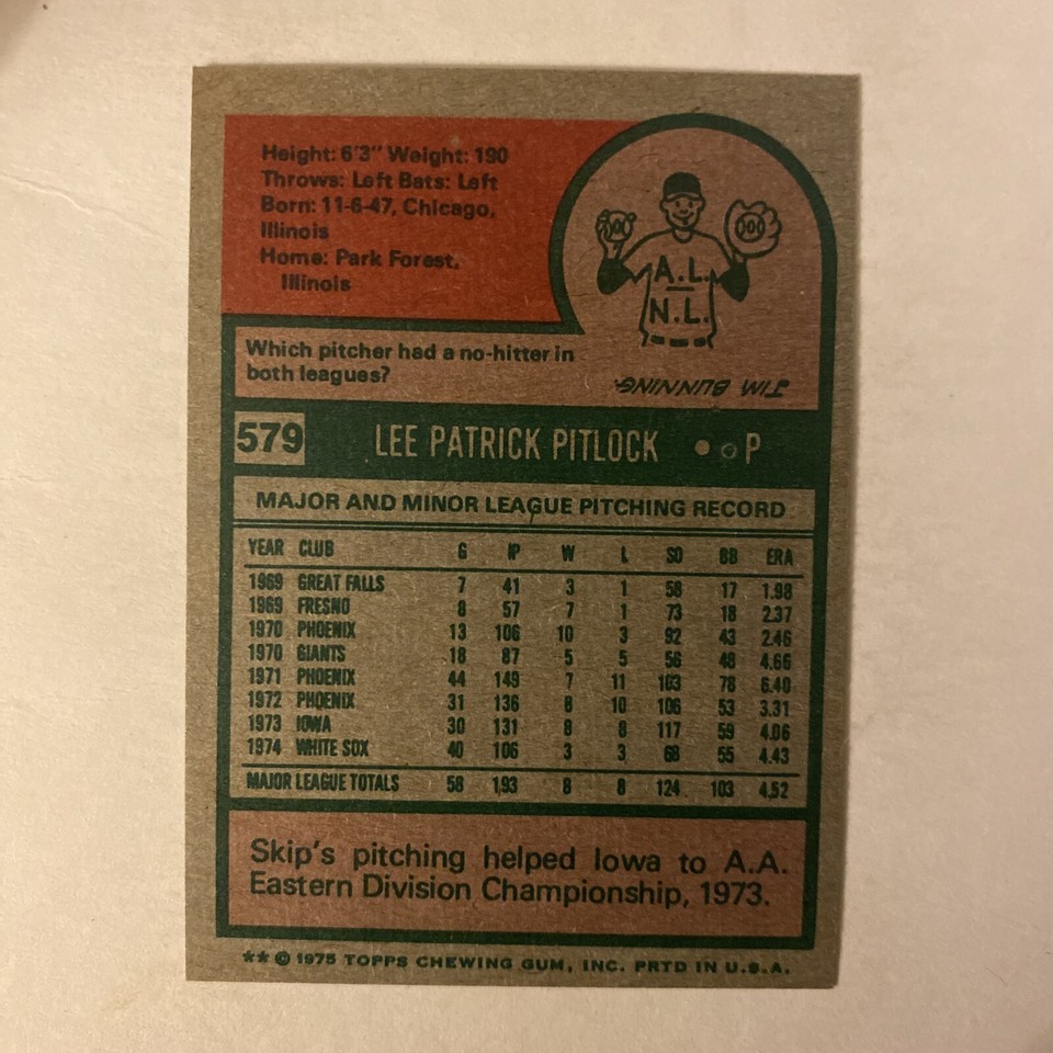 1975 Topps Baseball Skip Pitlock Chicago White Sox Card #579 | eBay