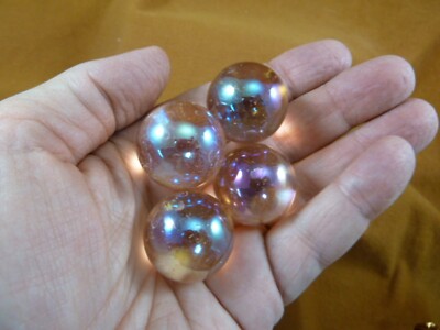 (L-60) Four 24mm vintage MARBLES iridescent clear pink yellow blue ...