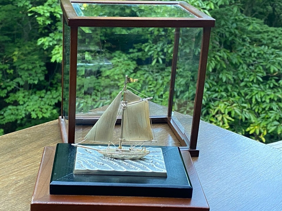 Gorham Japanese Miniature Silver Sailboat Beveled Glass Wood Display ...