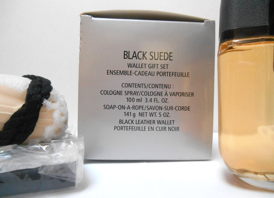 Avon Black Suede Cologne Spray 3.4 oz Soap on a Rope Leather Wallet ...