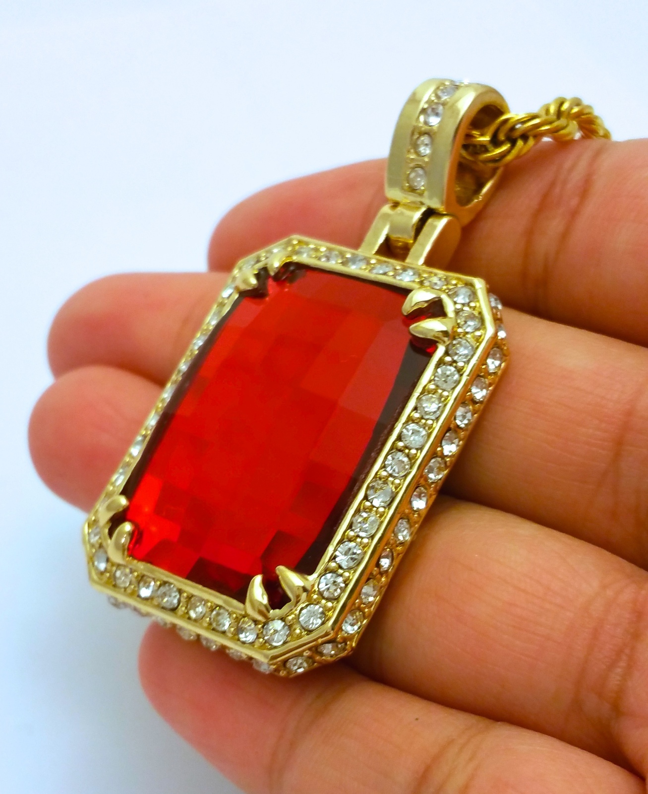 MENS HIP HOP RICH GANG HOMIE QUAN RED RUBY PENDANT ROPE CHAIN NECKLACE ...