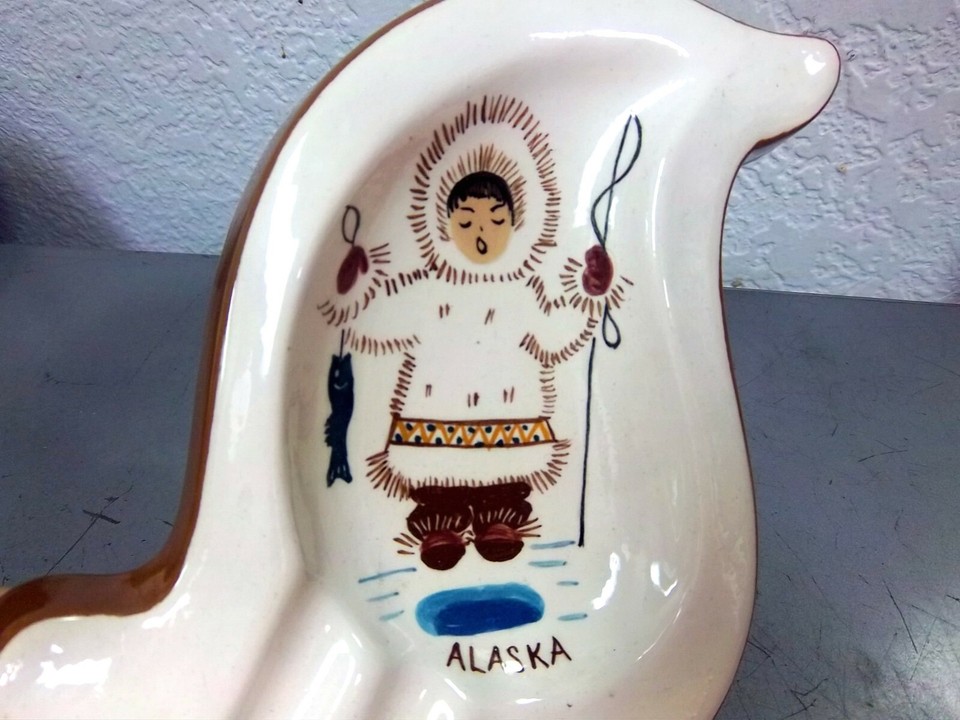 Unique Alaska Souvenir, Ceramic Ashtray W Eskimo & Fish Artwork ...