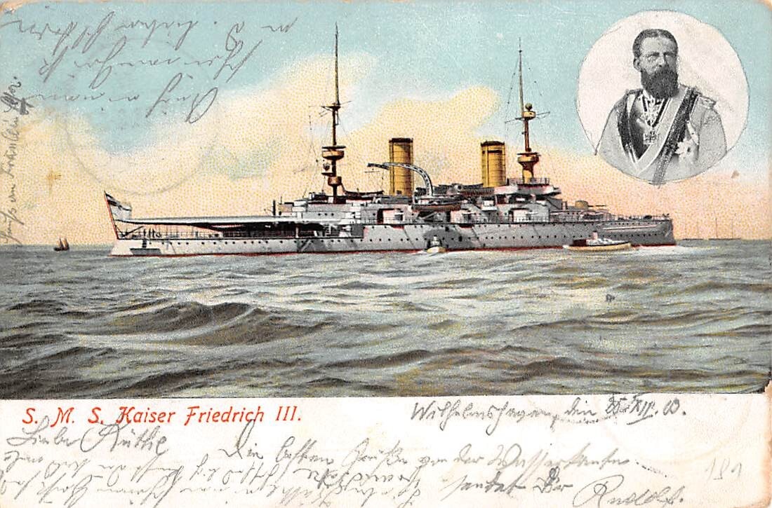 GERMANY ~ BATTLESHIP SMS KAISER FRIEDRICH III AT SEA, IMAGE OF KAISER ...