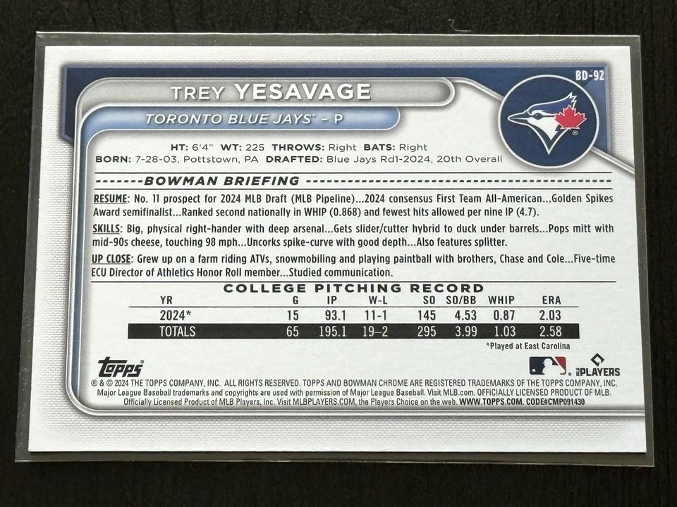 2024 Bowman Draft Trey Yesavage 1st Auto Gold /50 Auto | eBay