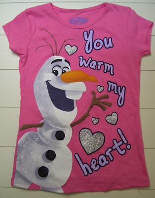 Girls Pink Disney Frozen OLAF You Warm My Heart Sparkle T Shirt Sz 4 | eBay