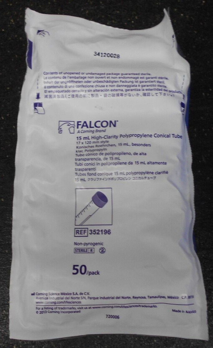 Falcon 352196 15mL High-Clarity Polypropylene Conical Tube Pack of 50 ...