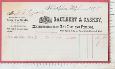 9398 Gaulbert & Caskey iron foundry 1878 billhead Robert Liggett ...