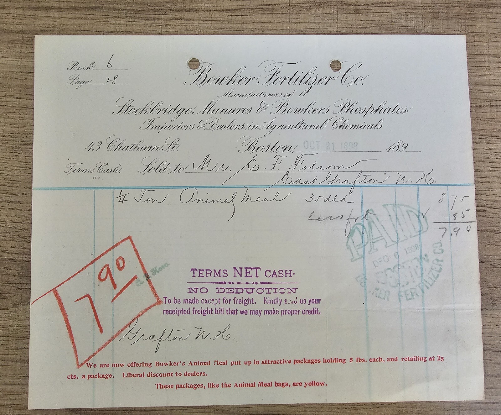 1898 Bowker Fertilizer Co Manures & Phosphates Billhead Receipt Boston ...