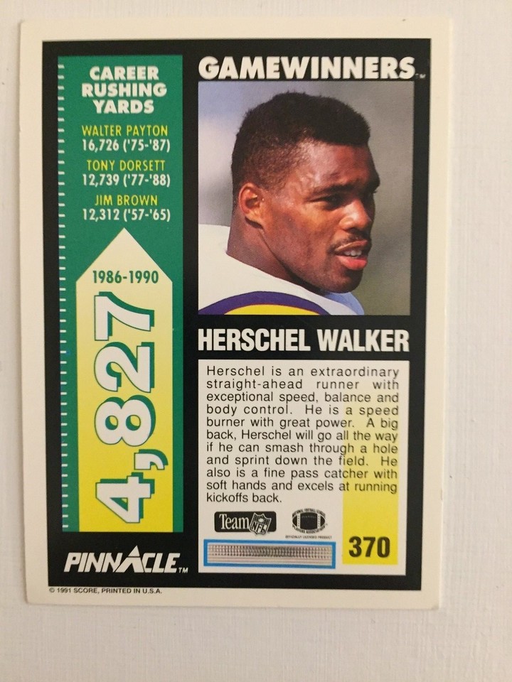 COLLECTIBLE PINNACLE GAMEWINNERS WALKER FOOTBALL TRADING CARD 1991 CARD ...