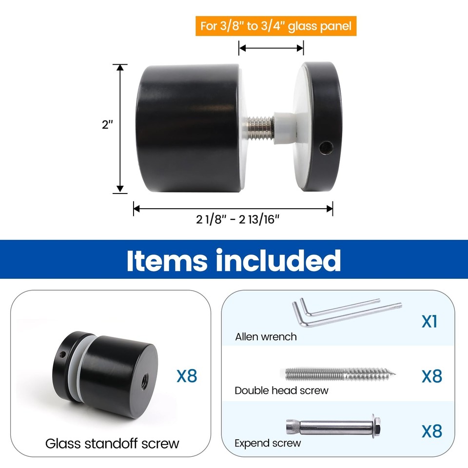 8Pack 2'' Black Glass Railing Standoff Heavy Duty Glass Standoff Screws ...