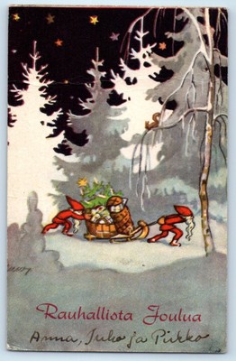 c1910s Christmas Elf Gnome Pulling Sled With Gifts Winter Scene Antique ...