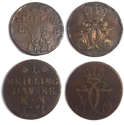 DENMARK *** 1 SKILLING *** 1771 *** DIFFERENT DIES *** 2 COIN SET ...