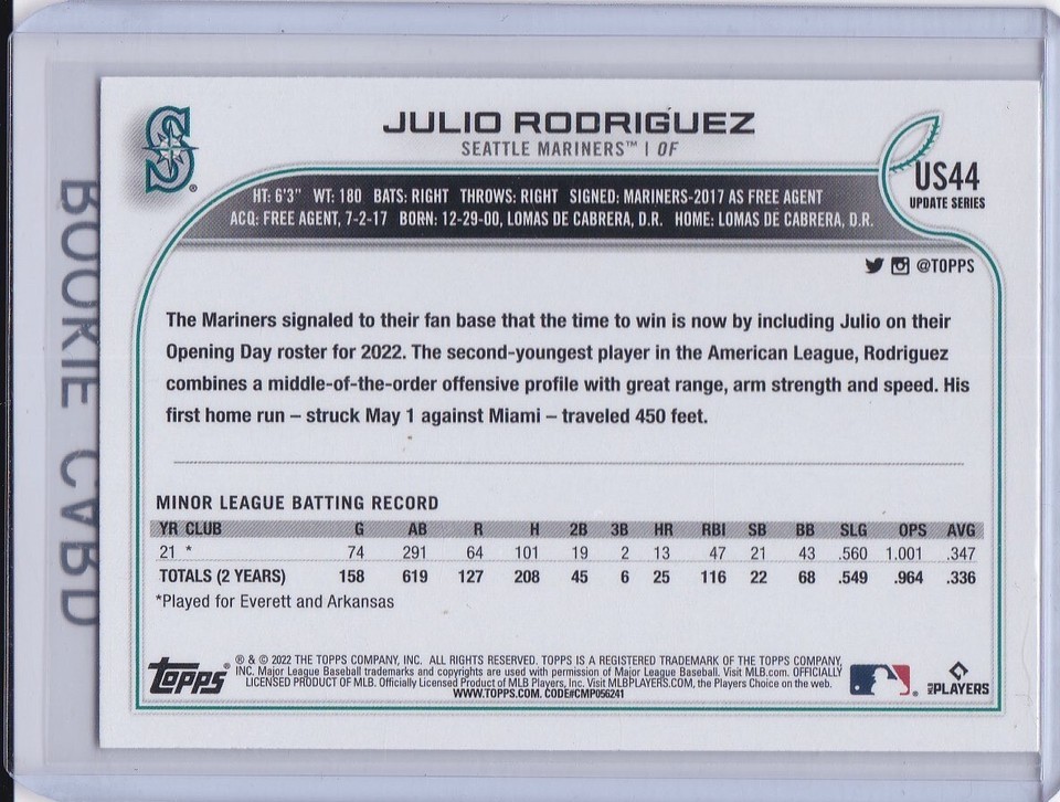 JULIO RODRIGUEZ ROOKIE CARD 2022 Topps Update Baseball M's SEATTLE ...