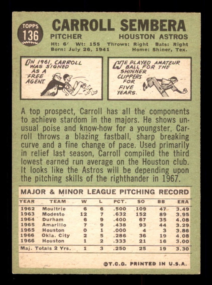 1967 Topps Baseball #136 Carroll Sembera EX/MT *e1 | eBay