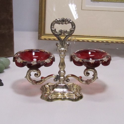 Bohemian Silver Enameled Cranberry Glass Double Salt Dip Cellar 7" Wide ...