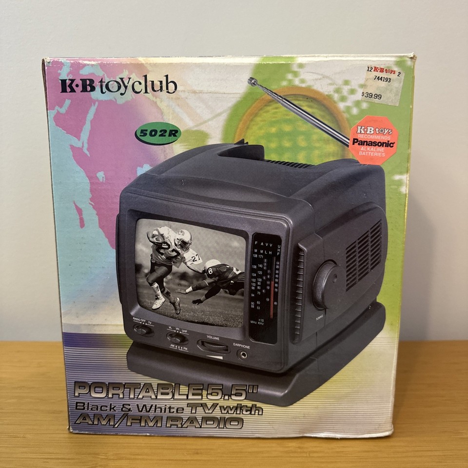 VTG Portable 5.5" GREEN B&W TV | AM/FM Radio KB Toys Club w/ Adaptor w ...