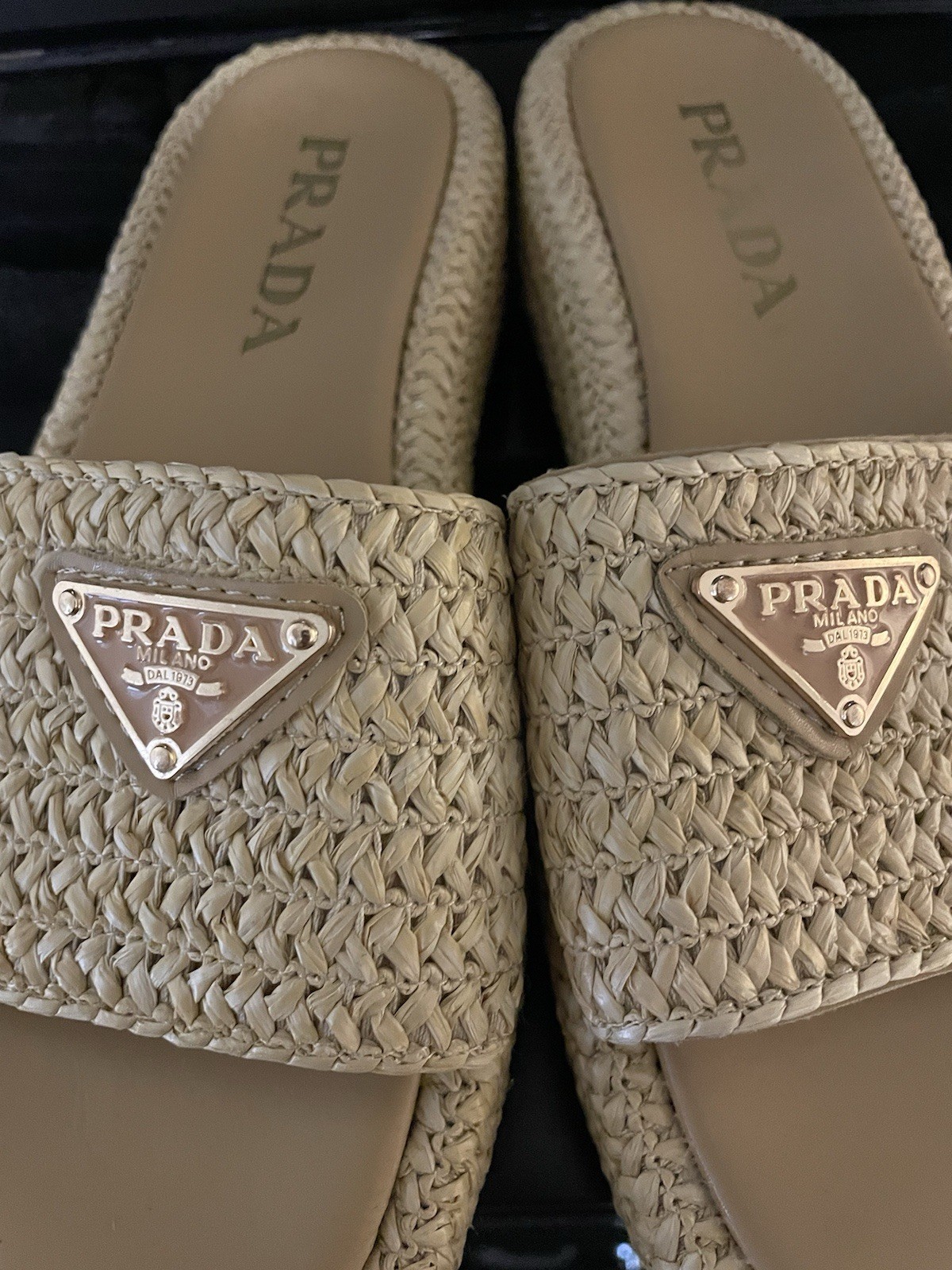 PRADA Raffia Crochet Flatform Slides - Gem