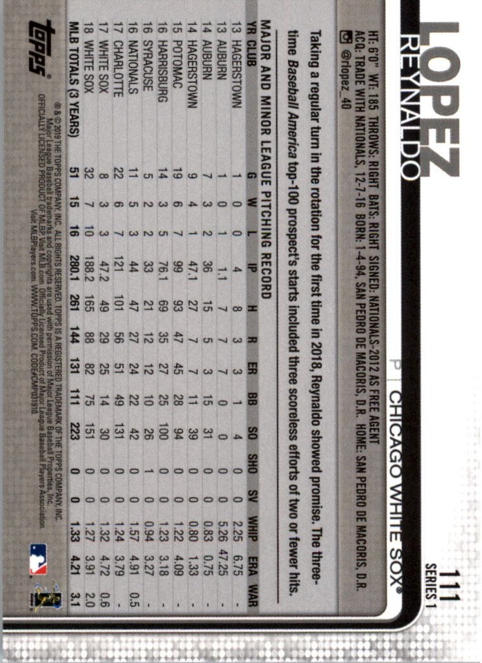 2019 Topps Factory Set All Star Game #111 Reynaldo Lopez - NM-MT | eBay