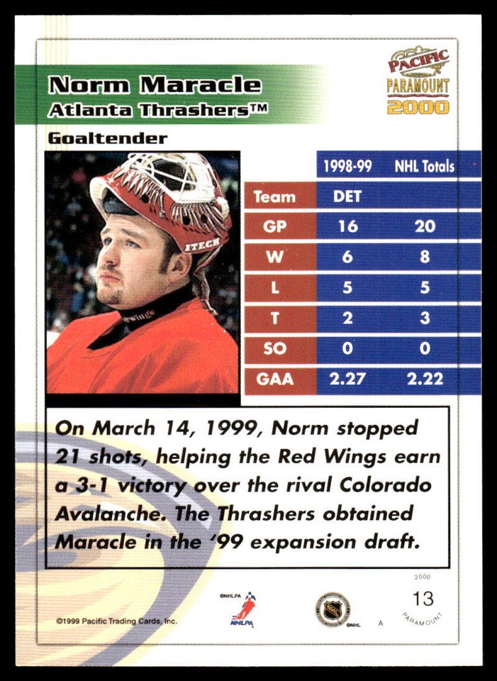 1999-00 Pacific Paramount #13 Norm Maracle Atlanta Thrashers Hockey ...
