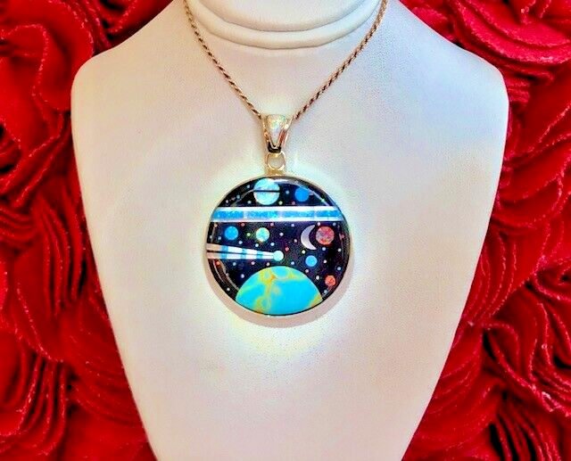 BIG! NASA Deep SPACE Red Dwarf Opal Pictorial Pendant necklace Sterling ...