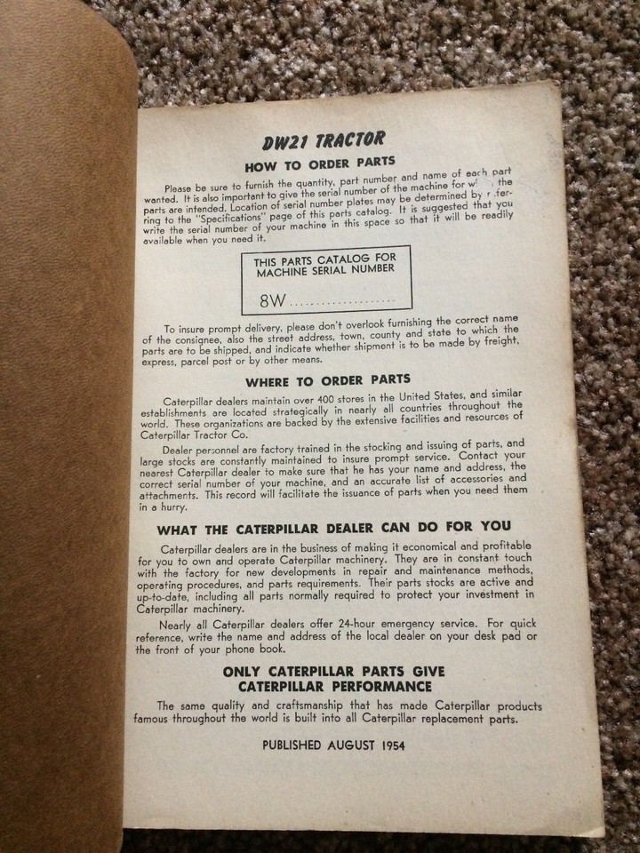 CAT Caterpillar DW21 Tractor Scraper Parts Manual Book shop 1954 8W1061 ...