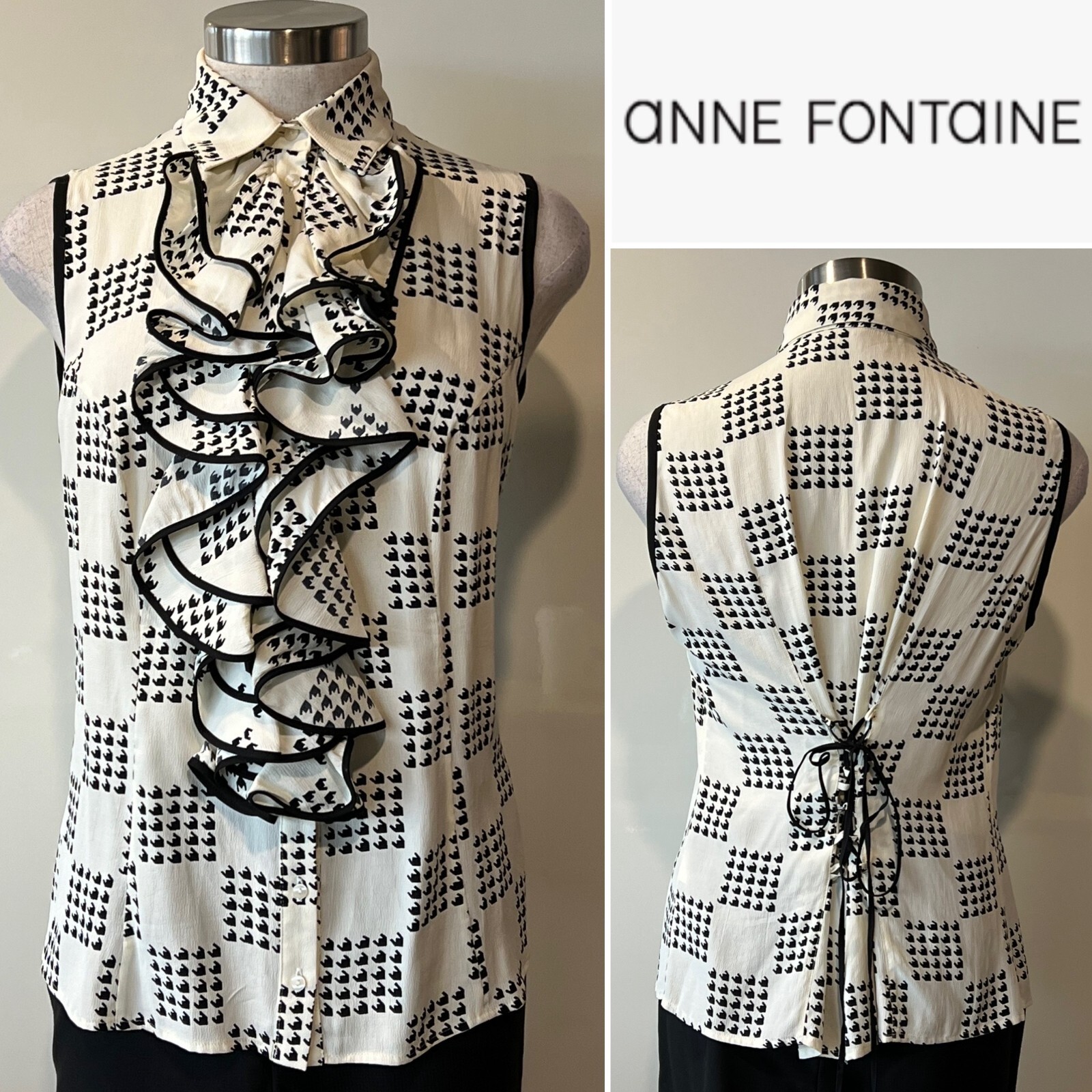 ANNE FONTAINE Ivory/Black Houndstooth Ruffle, Lace-Up… - Gem