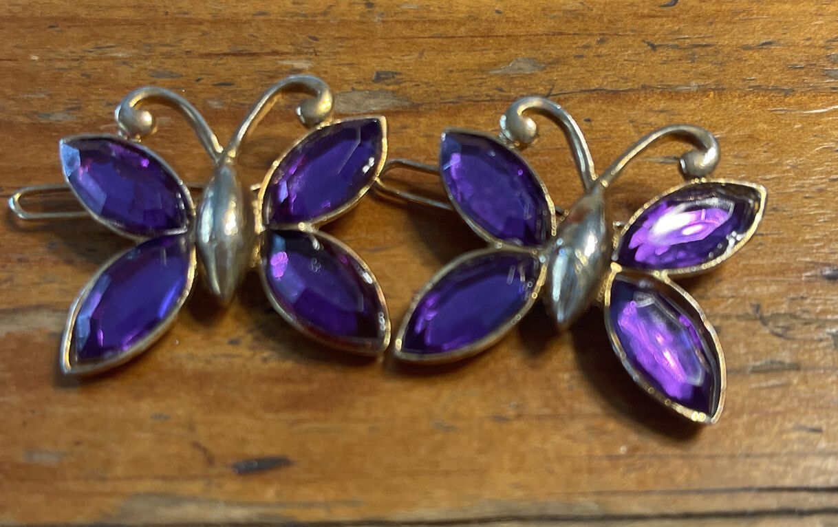 Vintage Gold Tone Purple Stone Crystal Buterfly Hair Clips 1.25” Set Of ...