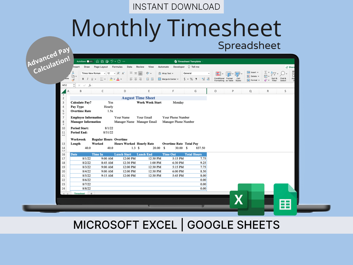 Free Excel Timesheet Template With Formulas Simple Excel Timesheet