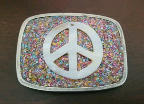 Women's Belt Buckle Big Peace Symbol With Tiny Colorful Rocks Rectangle ...
