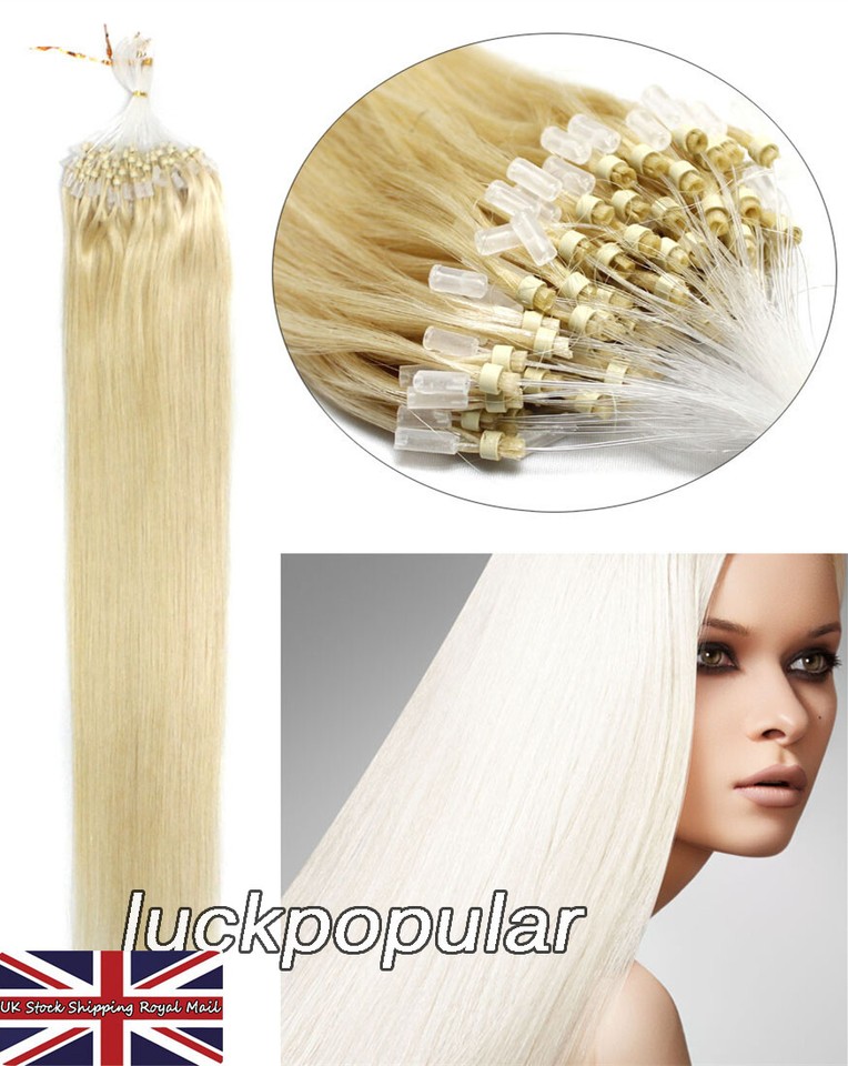 Pre-Looped Fish Line Micro Ring Beads Link Hair Extensions Real Remy ...
