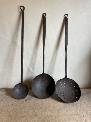 3 Antique Handmade Iron Hearth Cooking Tools Spoons Skimmer 19th C | eBay
