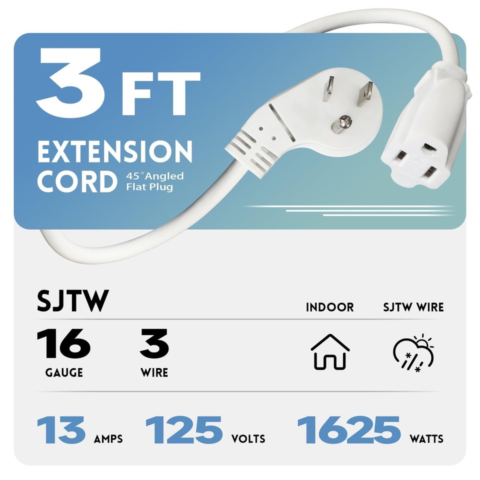 EP 2 Pack 3 Ft Flat Plug Extension Cord, 16 AWG 3 Prong Grounded White ...