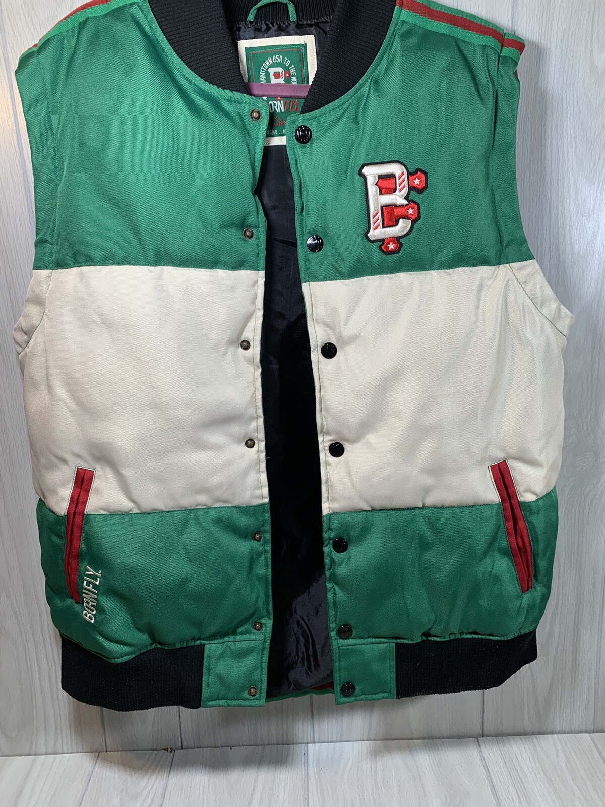 Born-Fly Puffy Vest Mens Large Varsity Block Letterin… - Gem