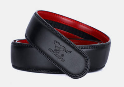 Septwolves men cow leather belt Auto lock No Buckle 3.5cm black red ...