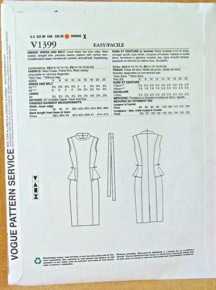 VOGUE PATTERN 1399 DRESS DESIGNER MISSES SIZES 14 16 18 20 22 UNCUT | eBay