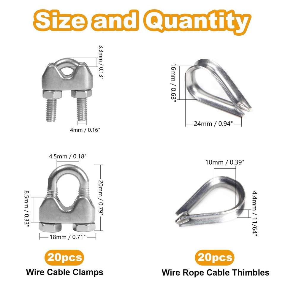 20Pcs 1/8'' M3 Wire Rope Clamps 20Pcs M3 Wire Rope Thimble | eBay UK
