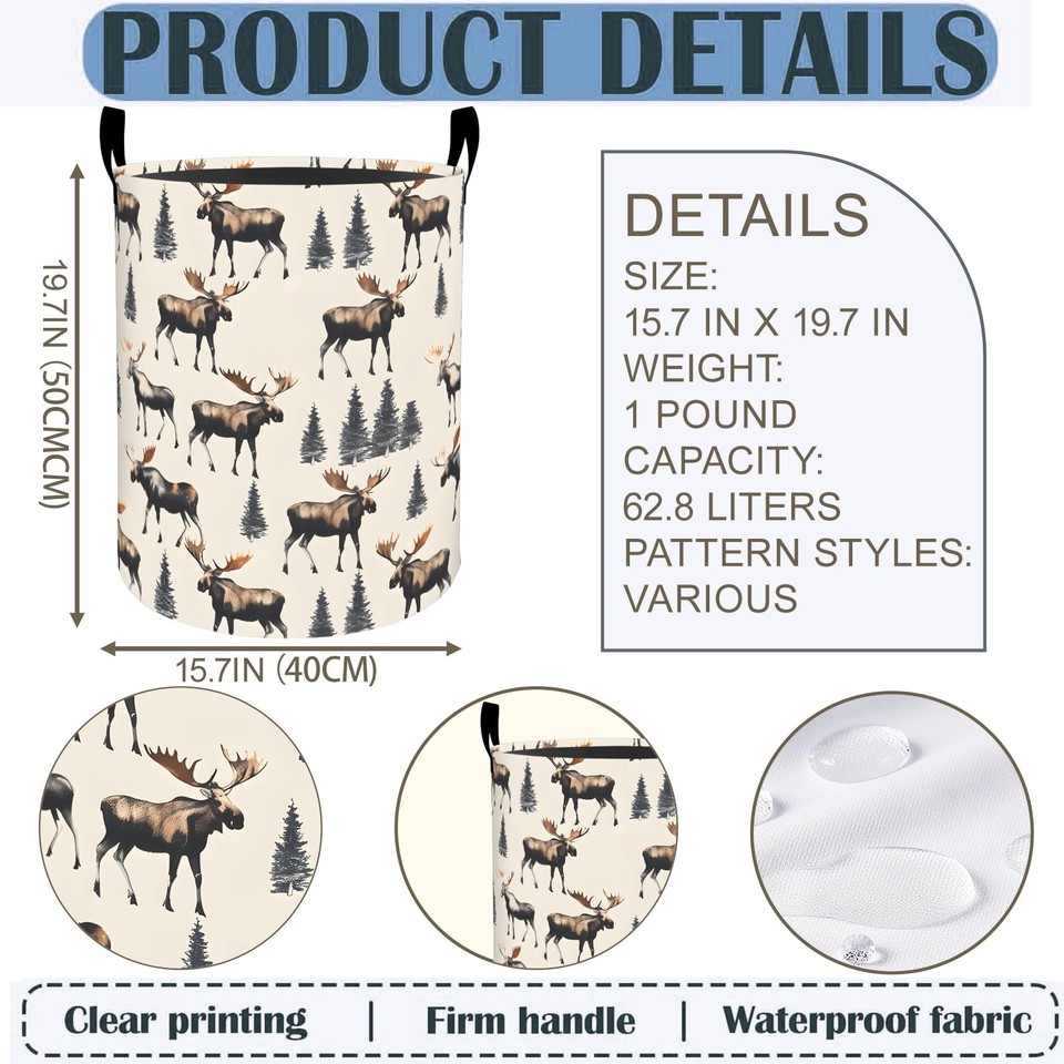 Forest Moose Laundry Basket Hamper 19.7"x15.8", Rustic Animal Foldable ...