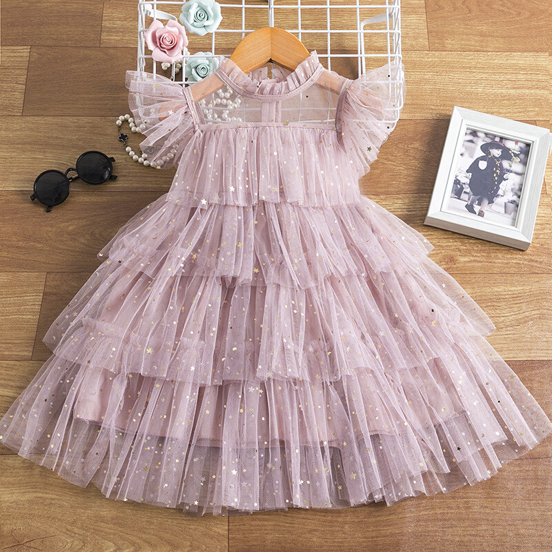 Kid Mesh Tulle Voile Dress A-line Tiered Layered Shiny Sequin Star ...