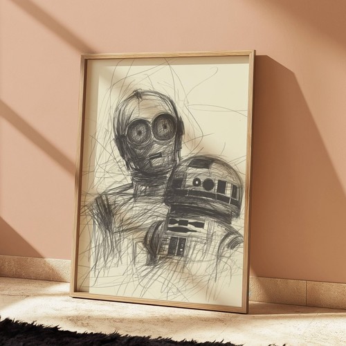 C-3PO R2-D2 ROBOTS STAR WARS DRAWING PRINT SKETCH 8" x 10" WALL ART ...