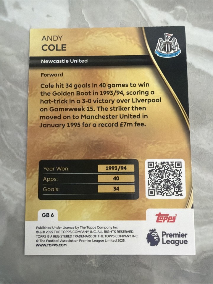 Premier League - Andy Cole - GB 6 - Limited Edition - Golden Boot ...