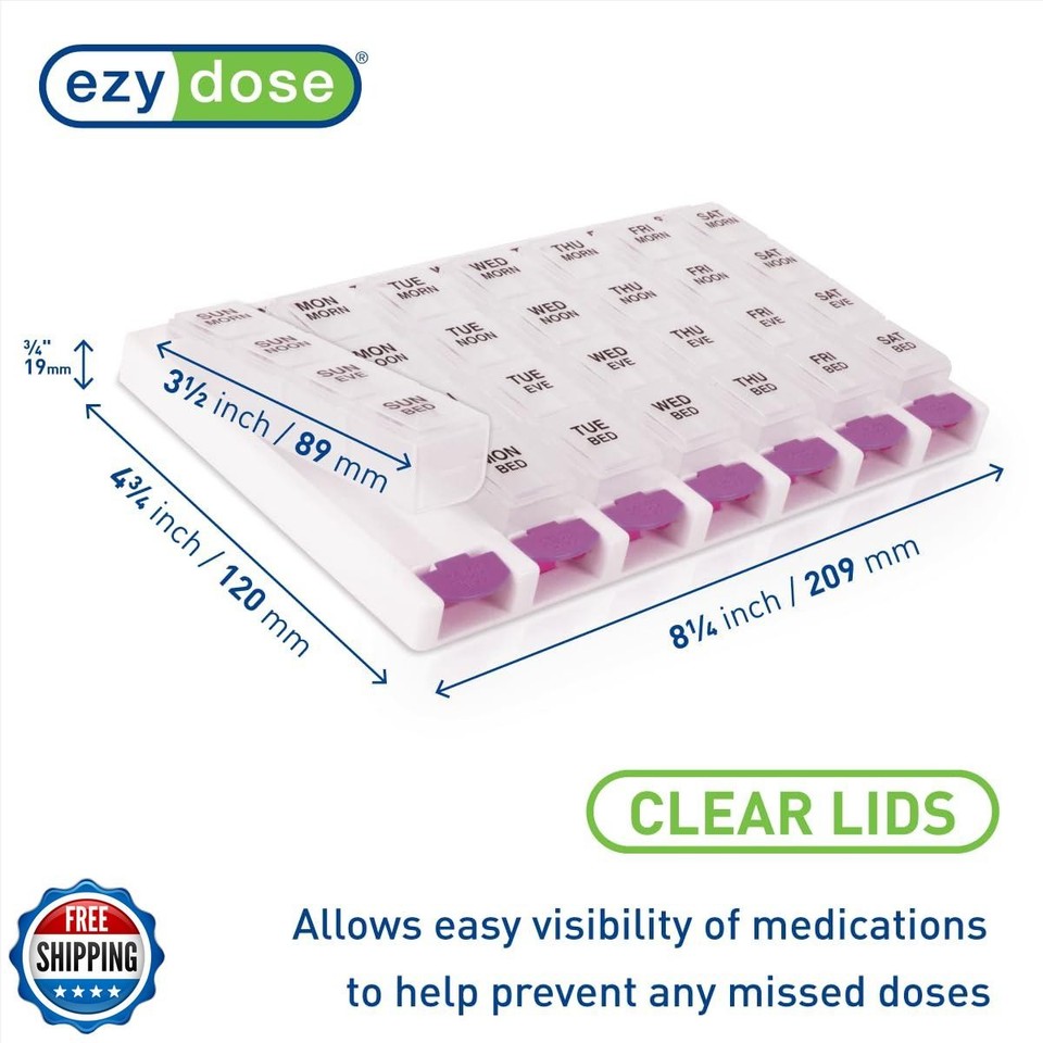 EZY DOSE Weekly (7 Day) 4 Times a Day Push Button Pill Organizer and ...