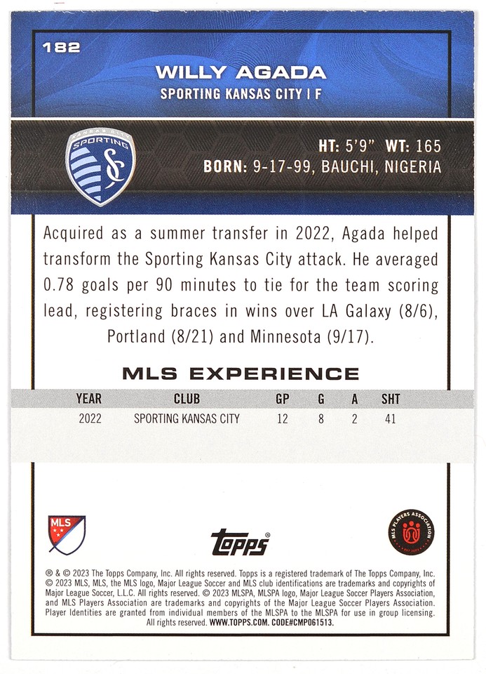 WILLY AGADA - 2023 Topps MLS Blue Foil RC #182 Sporting KC #/99 | eBay
