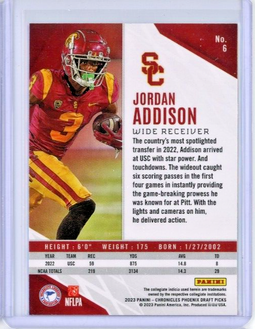 2023 Chronicles Phoenix Draft Picks #6 Jordan Addison RC - USC ...