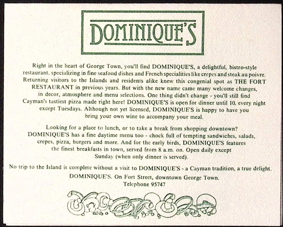 Dominique's Restaurant Vintage Souvenir Menu George Town CAYMAN ISLANDS ...
