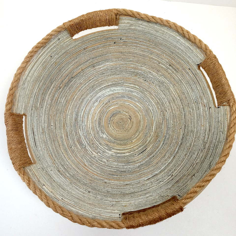 Rustic Round Hard Textured Rope Bowl Basket Rope Rim Handles Gray Wash ...
