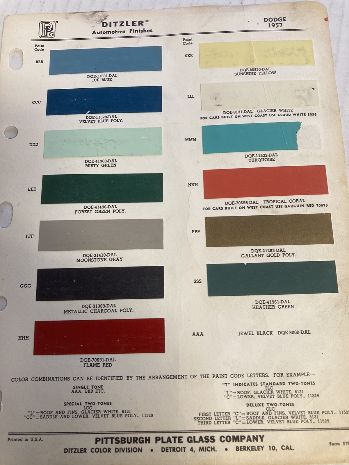 1957 DODGE AUTOMOTIVE P.P.G., DITZLER Exterior Paint Color Chip ...