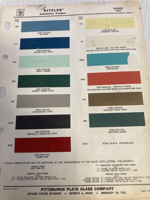 1957 DODGE AUTOMOTIVE P.P.G., DITZLER Exterior Paint Color Chip ...